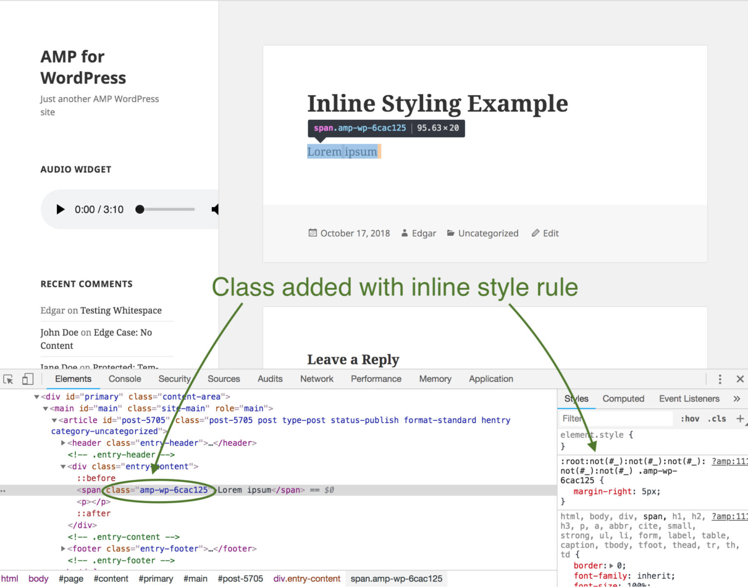 Inline Styling Example AMP For WordPress